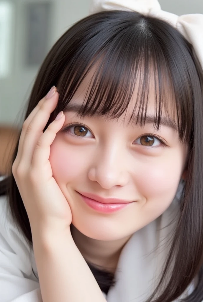 Extreme close-up portrait of a beautiful Japanese high school girl in a ...