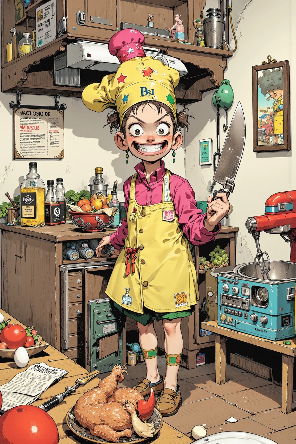 An old chef in a crazy cook hat stands in the kitchen , surreal collage ...