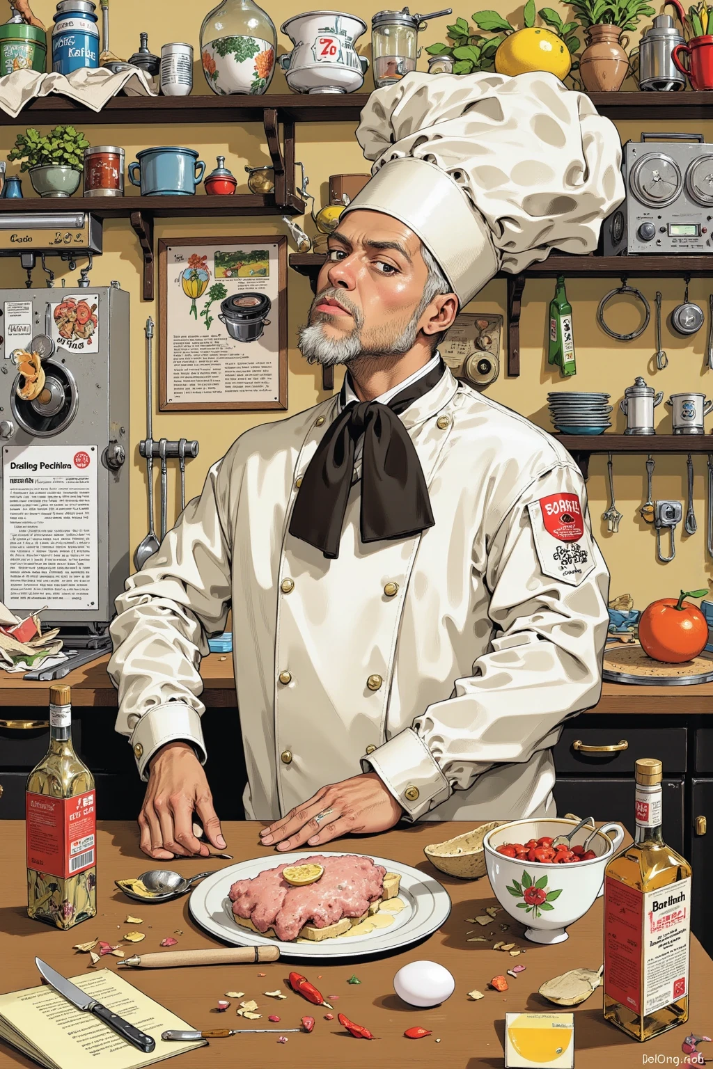 An old chef in a crazy cook hat stands in the kitchen , surreal collage ...