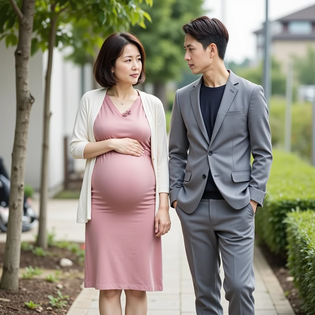 Two pregnant Japanese adult women in their 50s and a man in their 20s ...