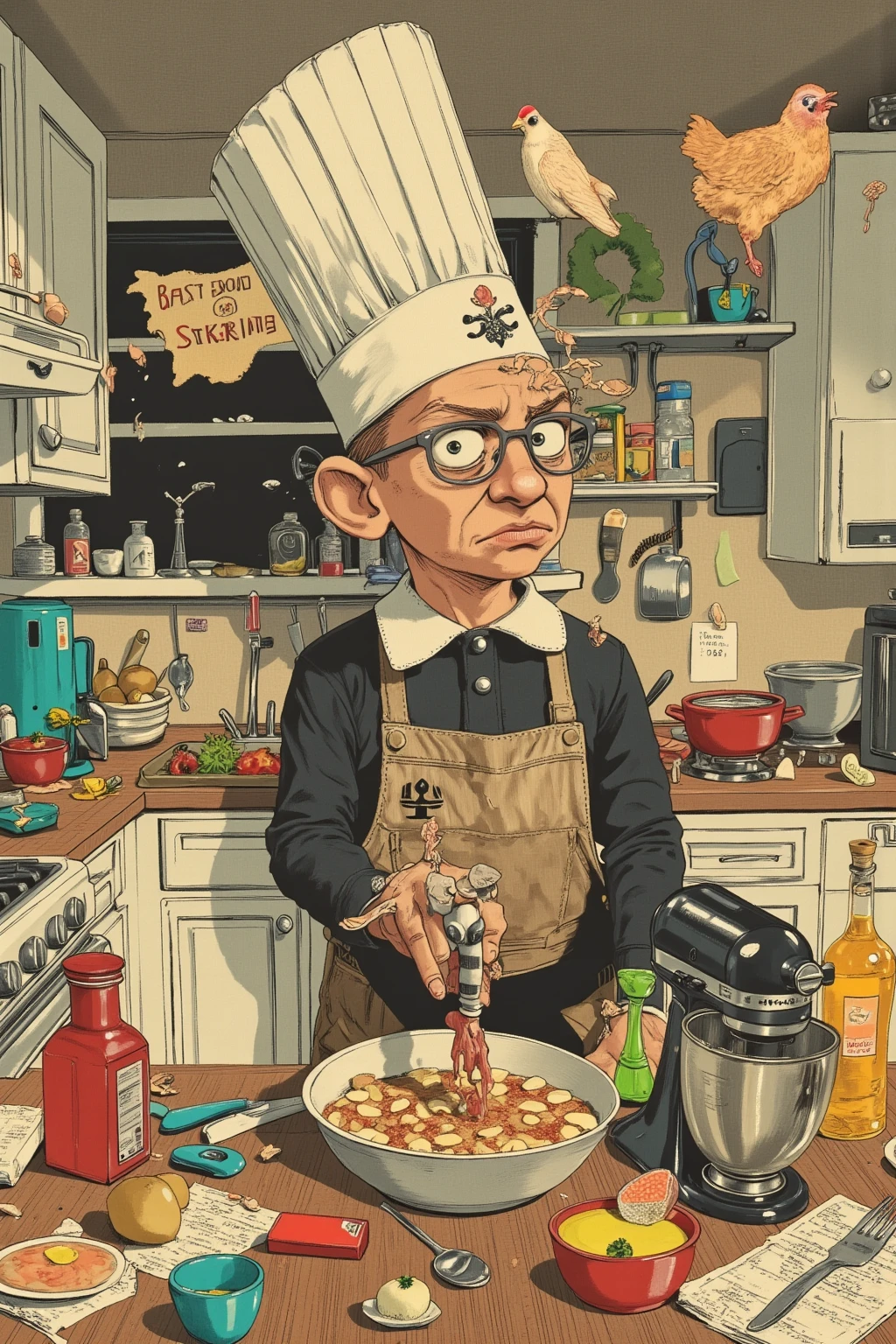 An old chef in a crazy cook hat stands in the kitchen , surreal collage ...