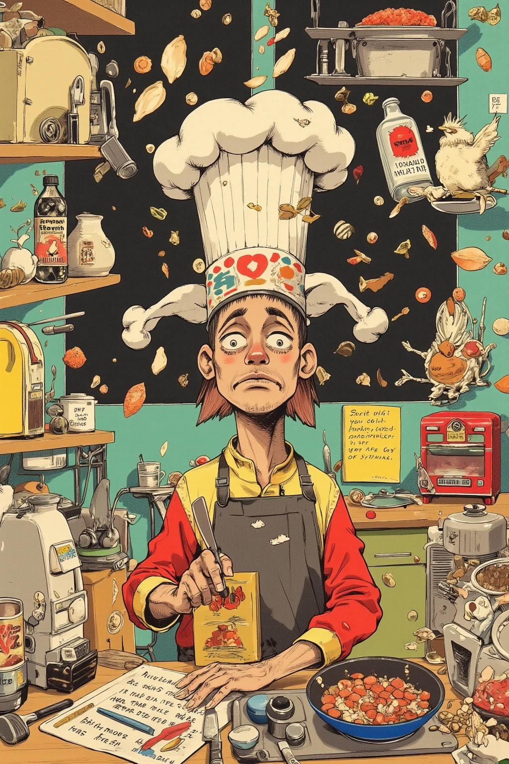 An old chef in a crazy cook hat stands in the kitchen , surreal collage ...