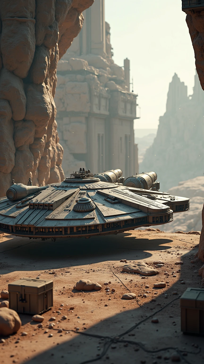 Millennium falcon docked in a rugged rock‐walled spaceport, weathered ...