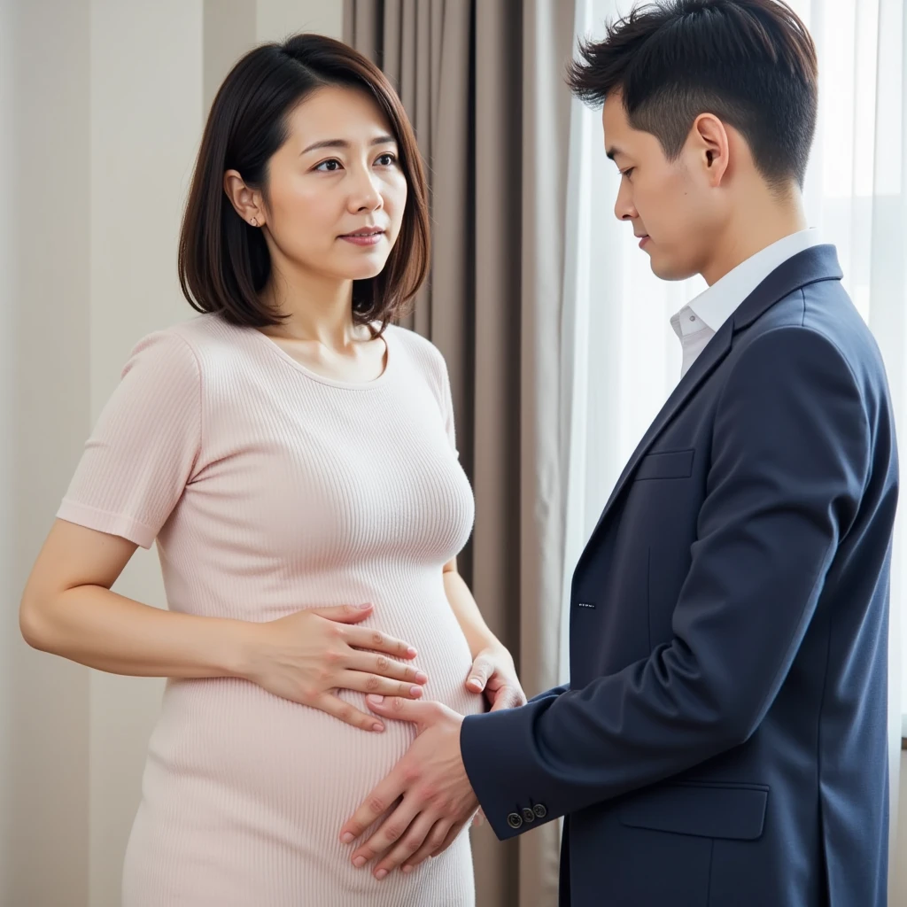 Two pregnant Japanese adult women in their 50s and a man in their 20s ...