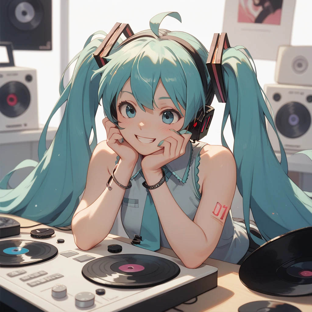 Hatsune Miku Scratching his Vinyl Record Player - SeaArt AI