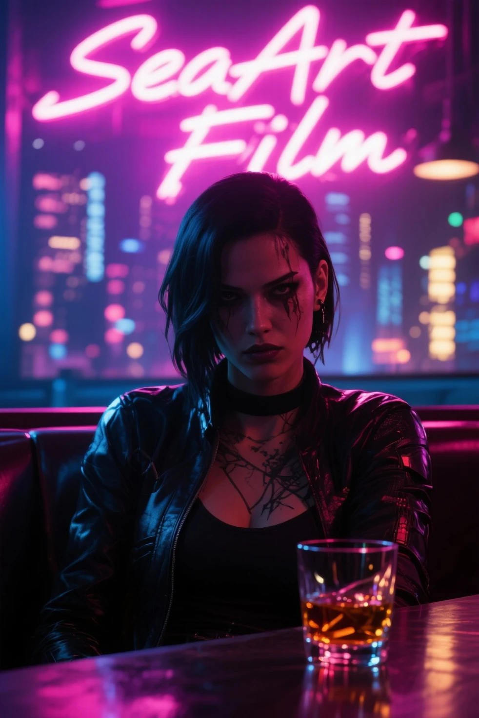 Cyberpunk female killer sitting alone in a bar，Strong neon backlighting ...