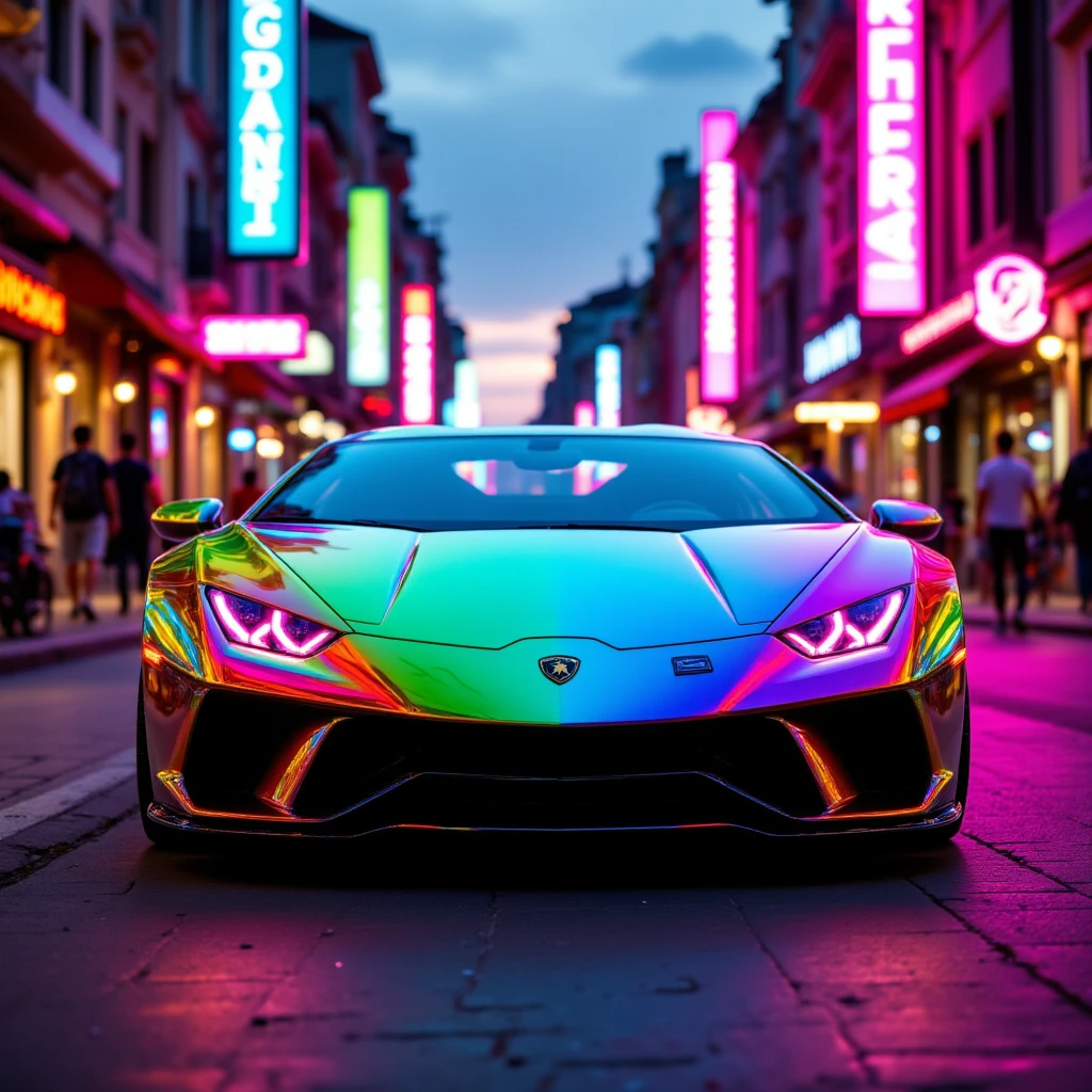 Lamborghini Aventador in the headlights of a busy Italian street after ...