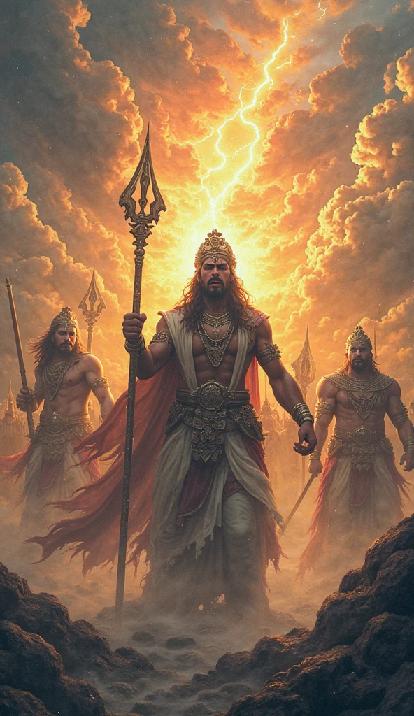 The gods, including Indra with thunderbolt (vajra), standing on clouds ...