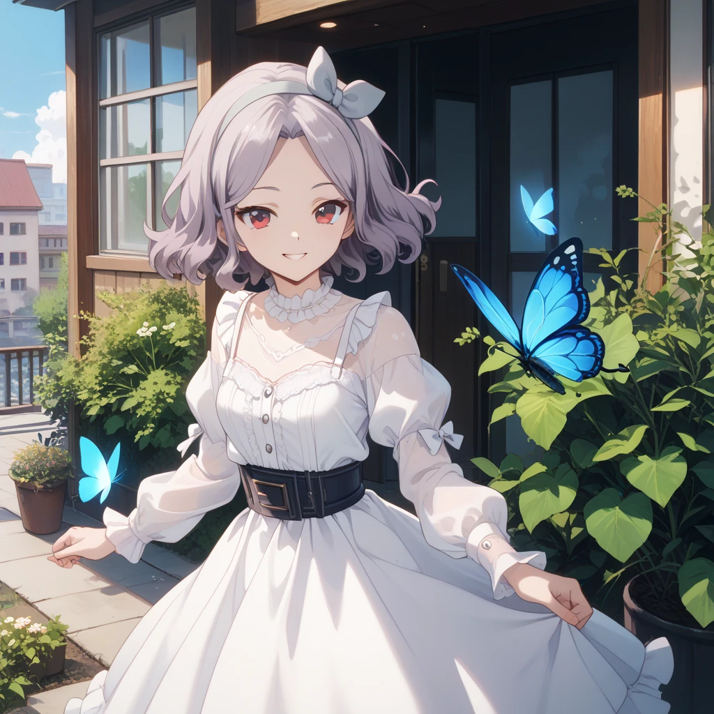 A woman with purple hair standing in a white blouse with butterflies ...