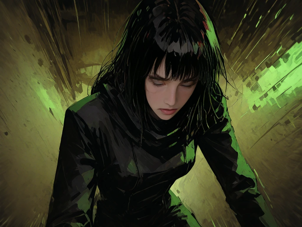 a beautiful long messy hair kunoichi woman in a cloaked futuristic suit ...