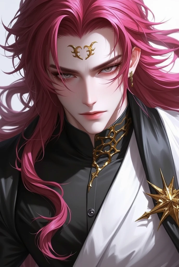 A man with crimson long hair, magenta hair, greyish eyes, golden shiny ...