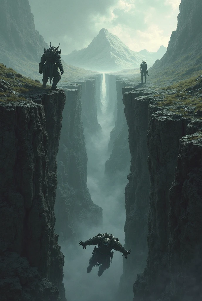 An enemy falls into a dark crevasse while a dark shadow watches - SeaArt AI