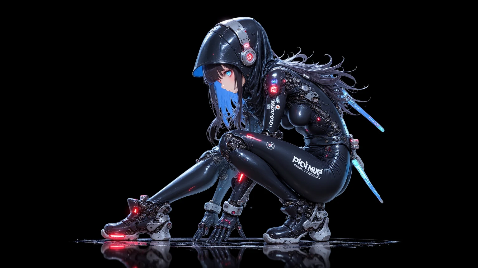 1girl, stealth suit, crouching, glowing red eyes, half covered face ...