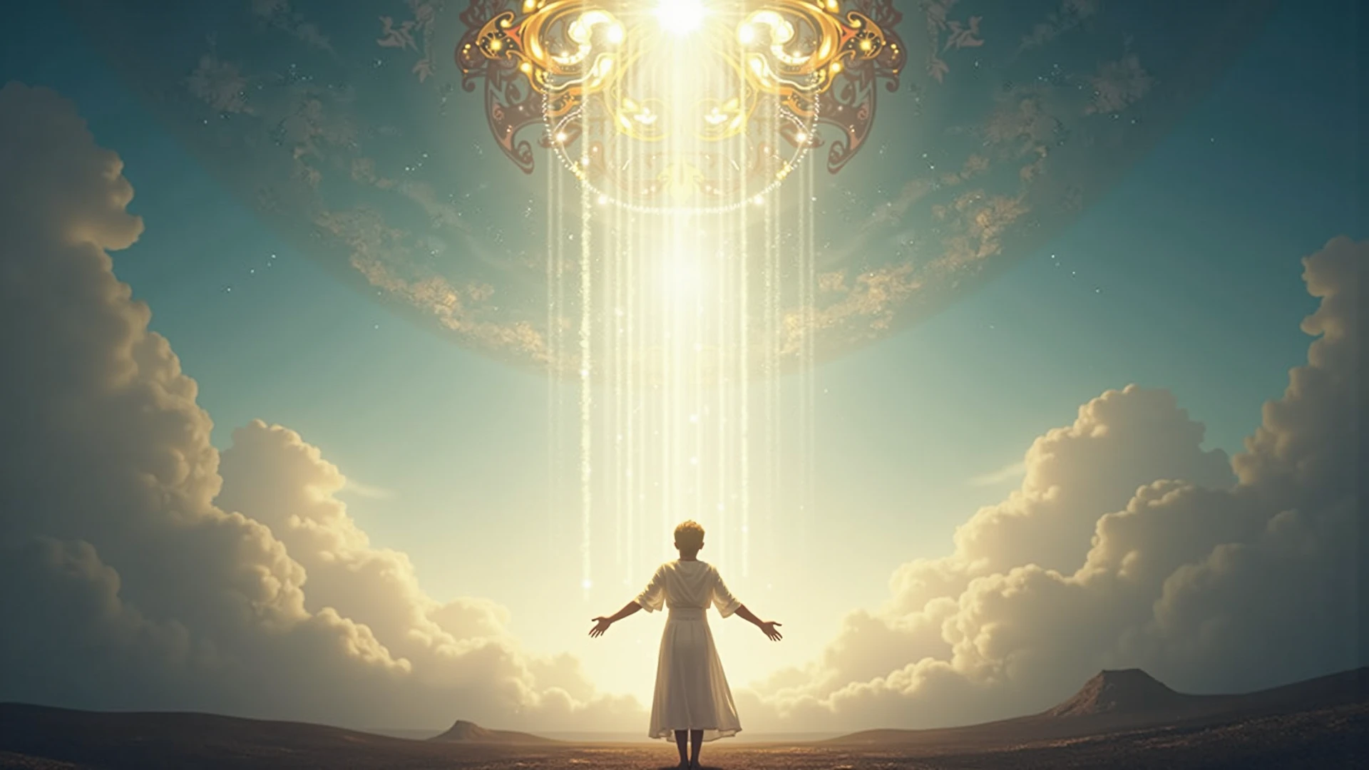 A radiant crown descending from the heavens toward a person looking ...