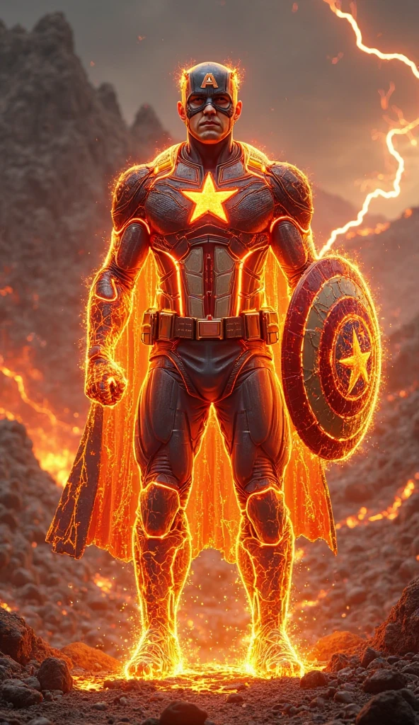 A powerful fusion of Captain America and living lava, with a muscular ...
