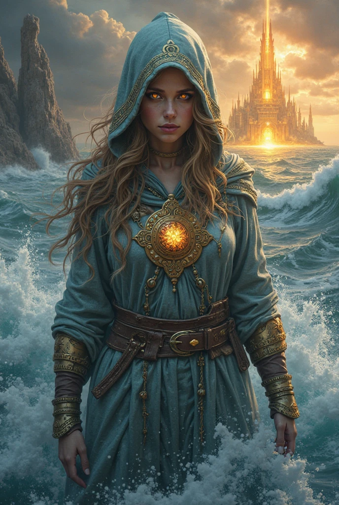 A mythological fantasy portrait of a goddess-like warrior with glowing ...