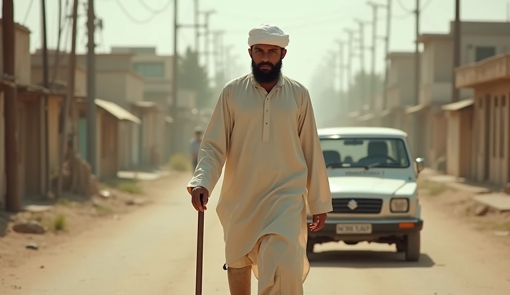 A very handsome 25-year-old Pakistani man is standing on a dusty urban ...