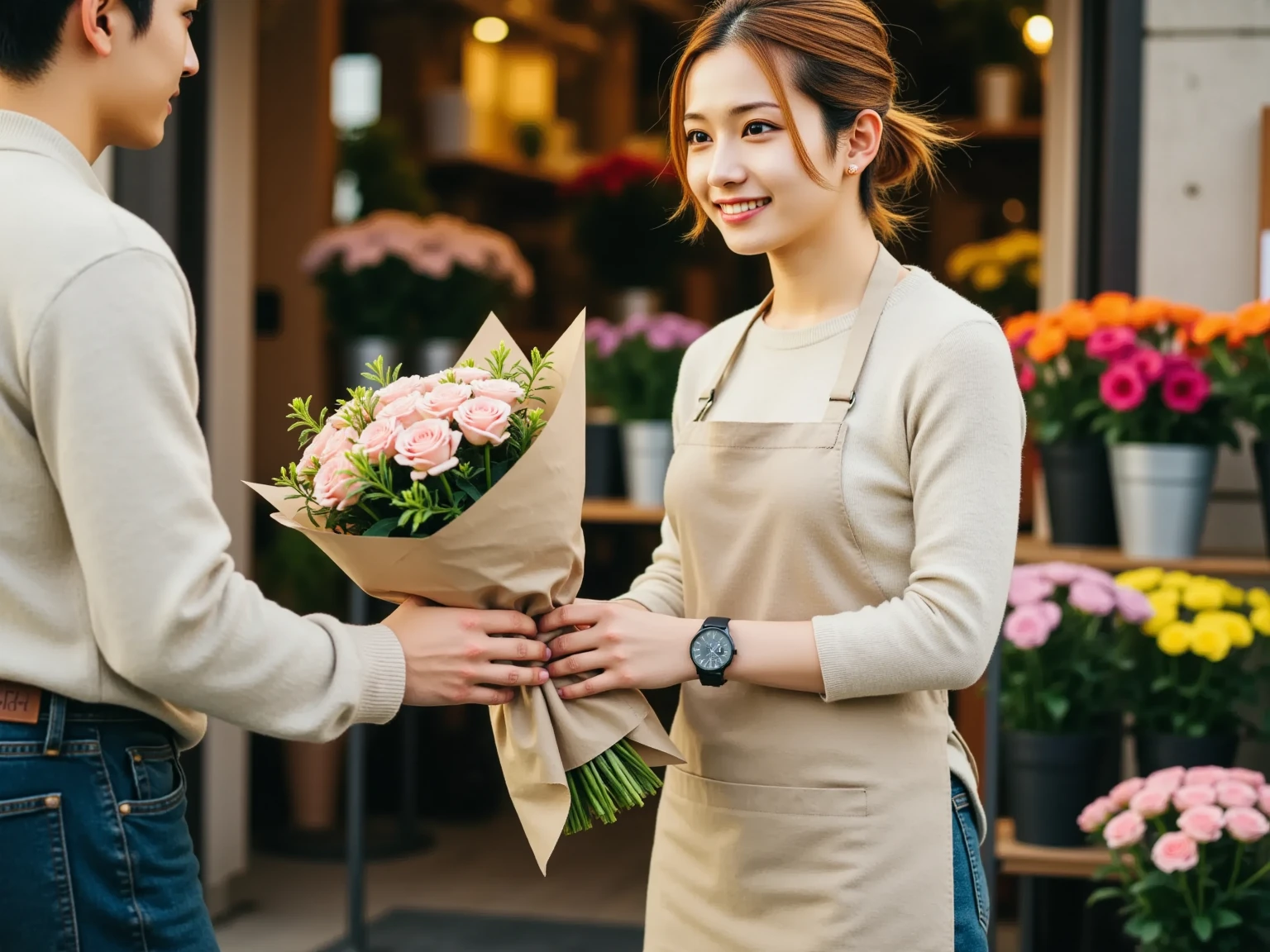 Portrait of a florist and male customer. Beautiful 18-year-old Japanese ...