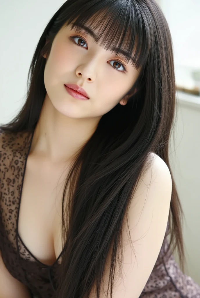 A beautiful Korean girl, long black hair, big breasts, wearing a ...