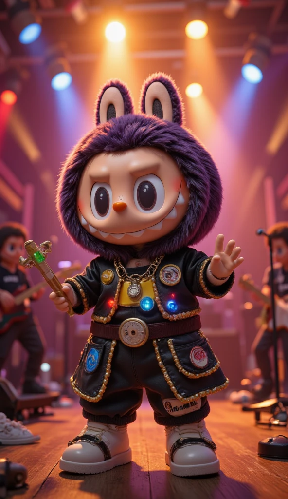 Gritty Labubu leads a punk rock band on a dimly lit stage in a smoky ...