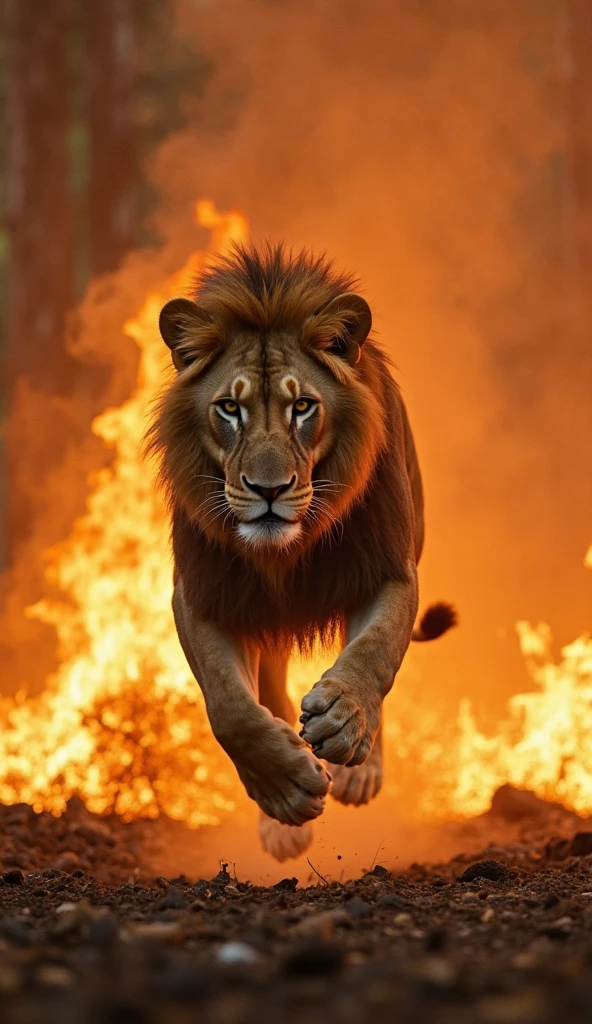 "A medium shot capturing a majestic, muscular male lion with light ...
