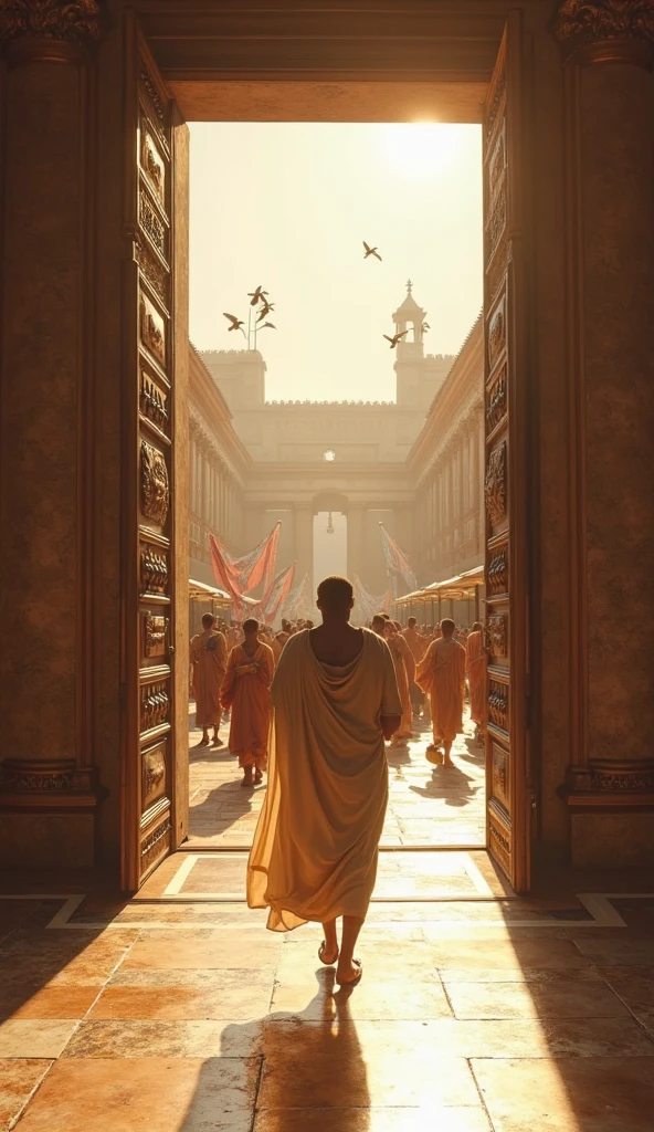 POV, first-person view walking out of a Roman palace, marble floors ...