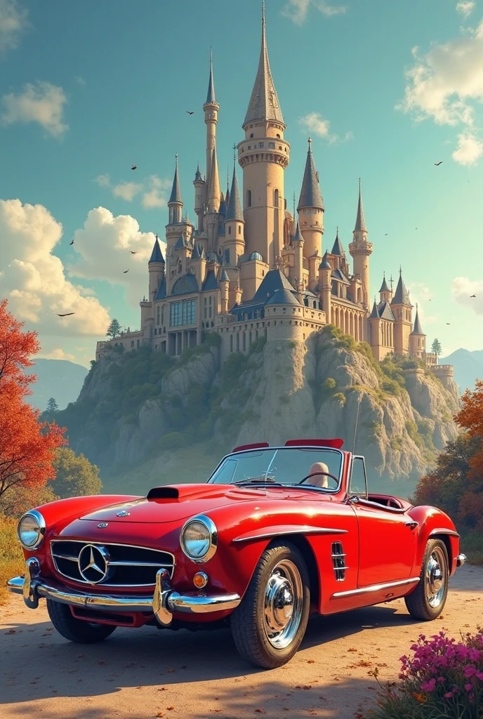 Image of a red convertible car and a castle behind - SeaArt AI