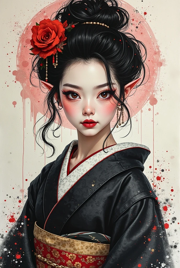 Create an image of an elf geisha with expressive brush strokes - SeaArt AI