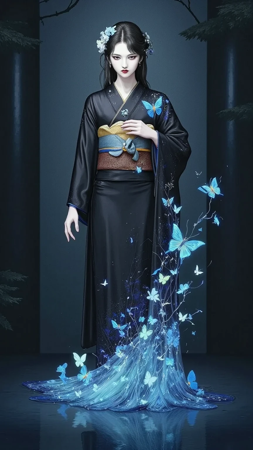 A woman in a kimono standing on a lake in the woods、solo、dark eyes ...