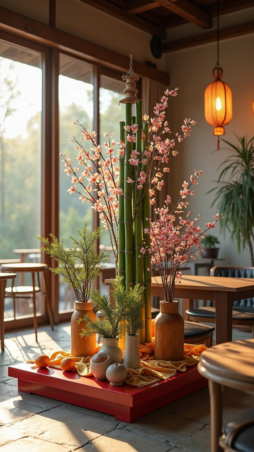Modern Japanese café interior with large glass windows overlooking a ...