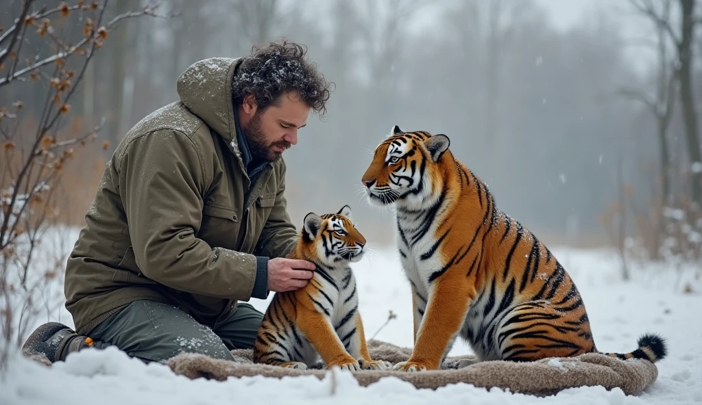 A heartwarming, photorealistic scene showing the man gently patting the ...