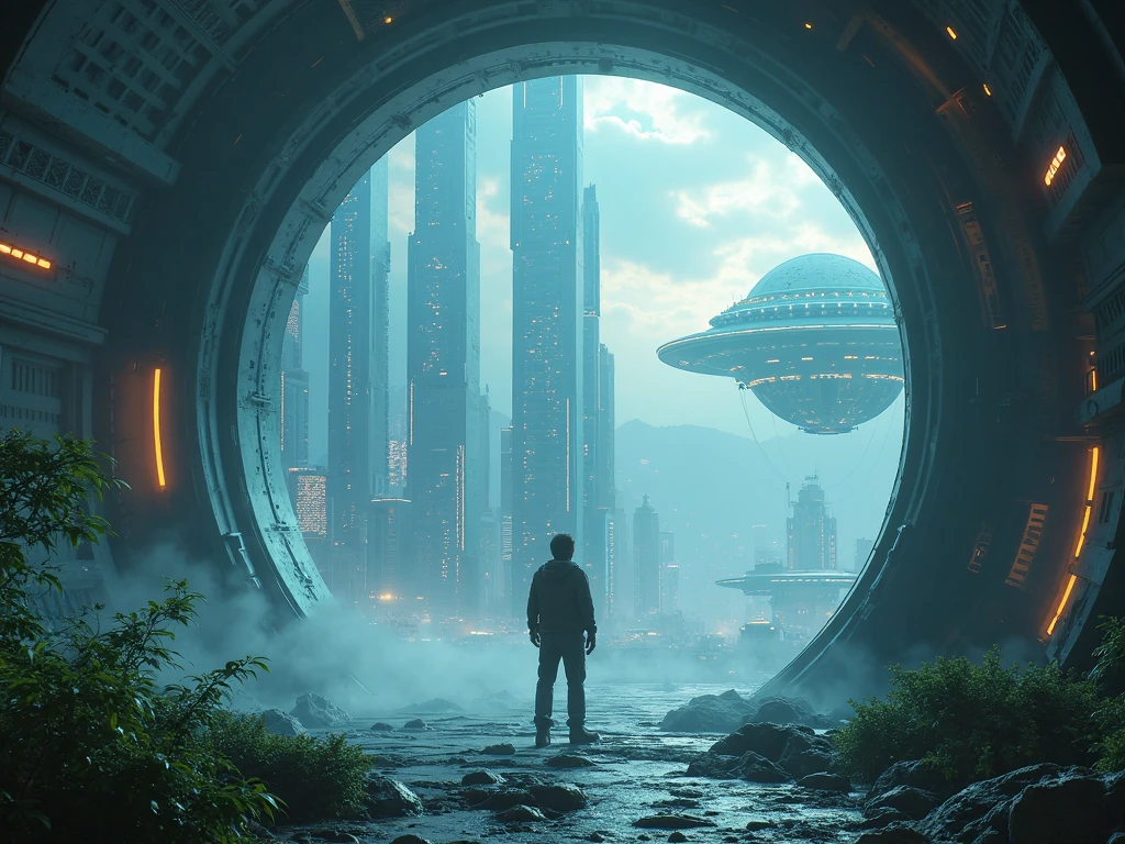 A high-resolution sci-fi scene showing a person standing in a large ...