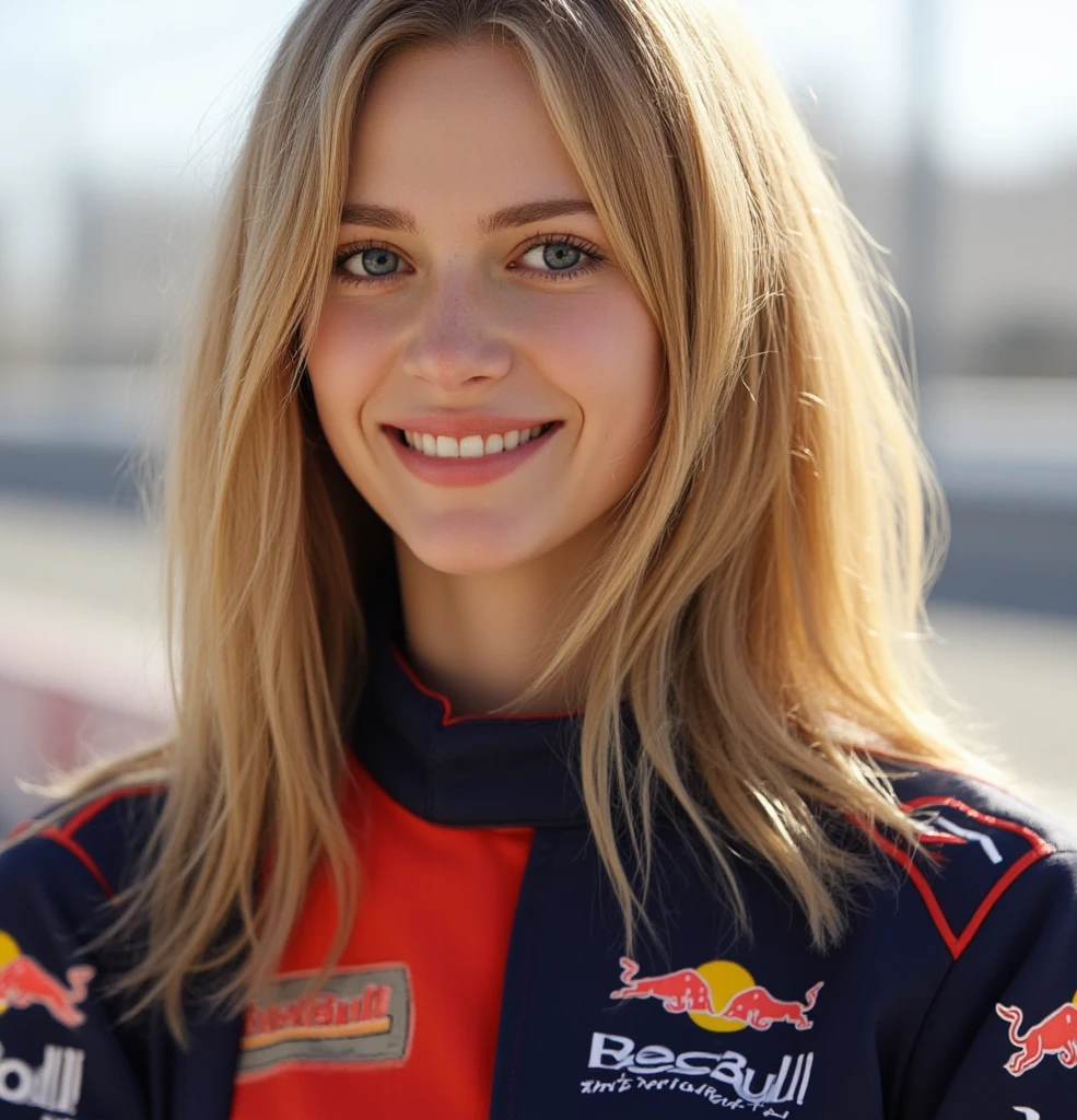A realistic pretty with blonde hair, blue eyes, wearing a redbull ...