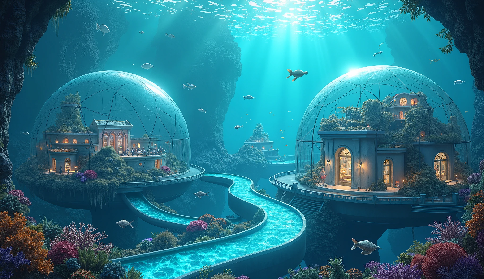 Peaceful underwater village inside glass domes, sea creatures swimming ...