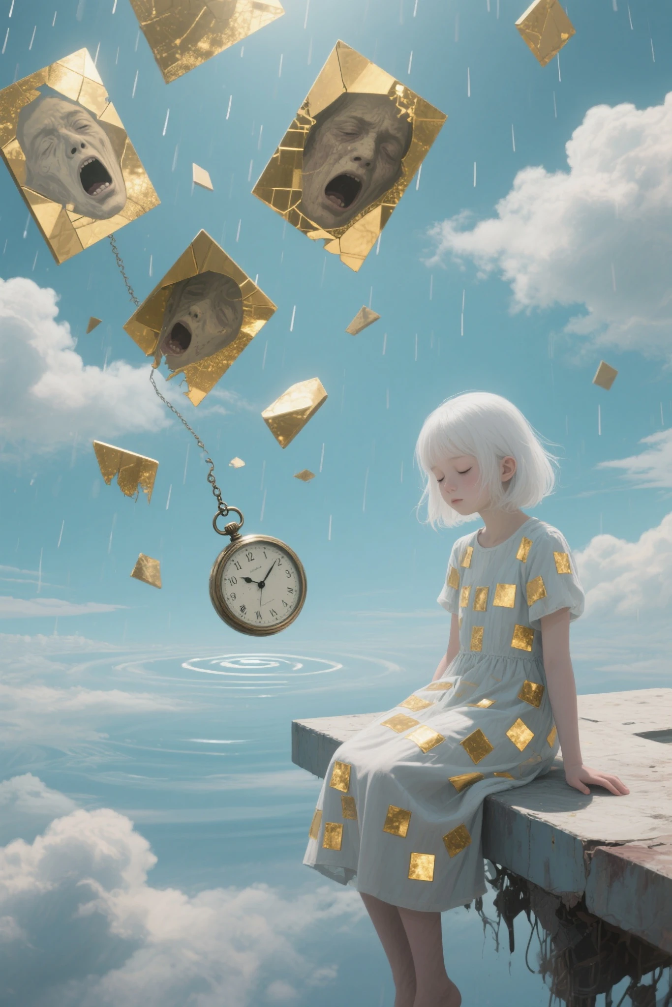 A surreal dreamscape featuring a white-haired girl sitting at the right ...