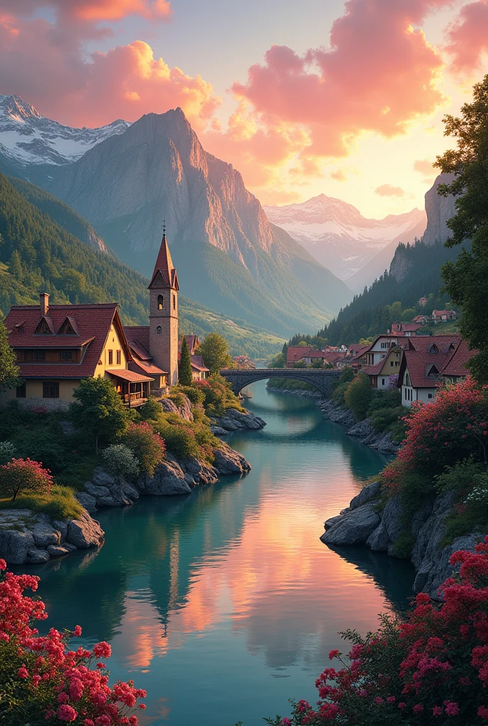 A small village by the river, mountains in the background, floral flowers colorf - SeaArt AI