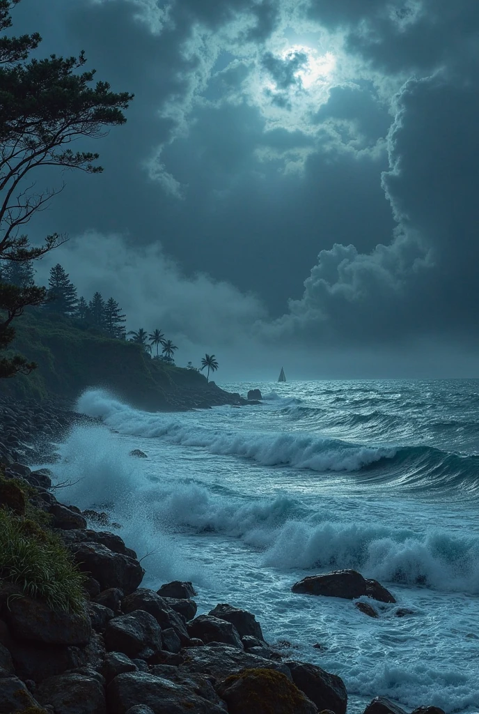 A violent storm rages over a small coastal village at dusk. Fierce ...