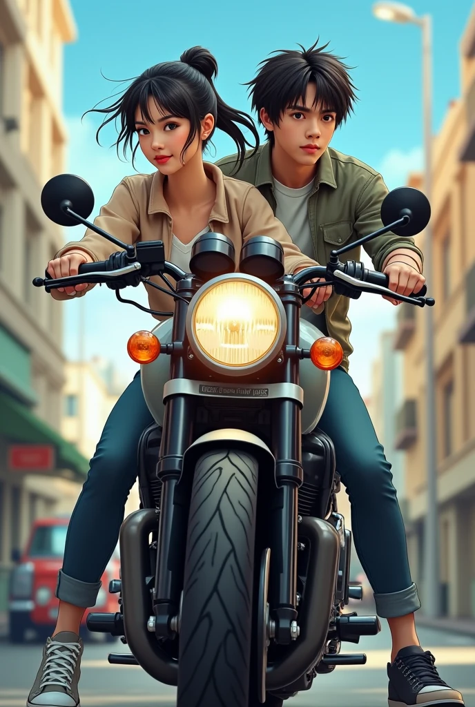 Create an image of a couple riding on duke 200cc with girls hair tide ...