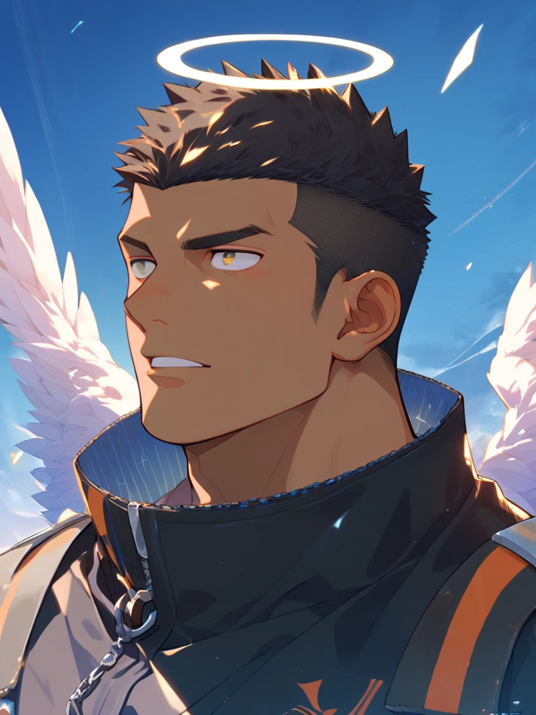 高品質,anime,man,(dark tan skin:1.5),(crew cut),((bangs up)),black hair ...