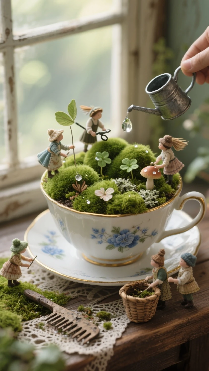 In a tranquil, hyper-detailed close-up scene, a group of tiny gardeners ...