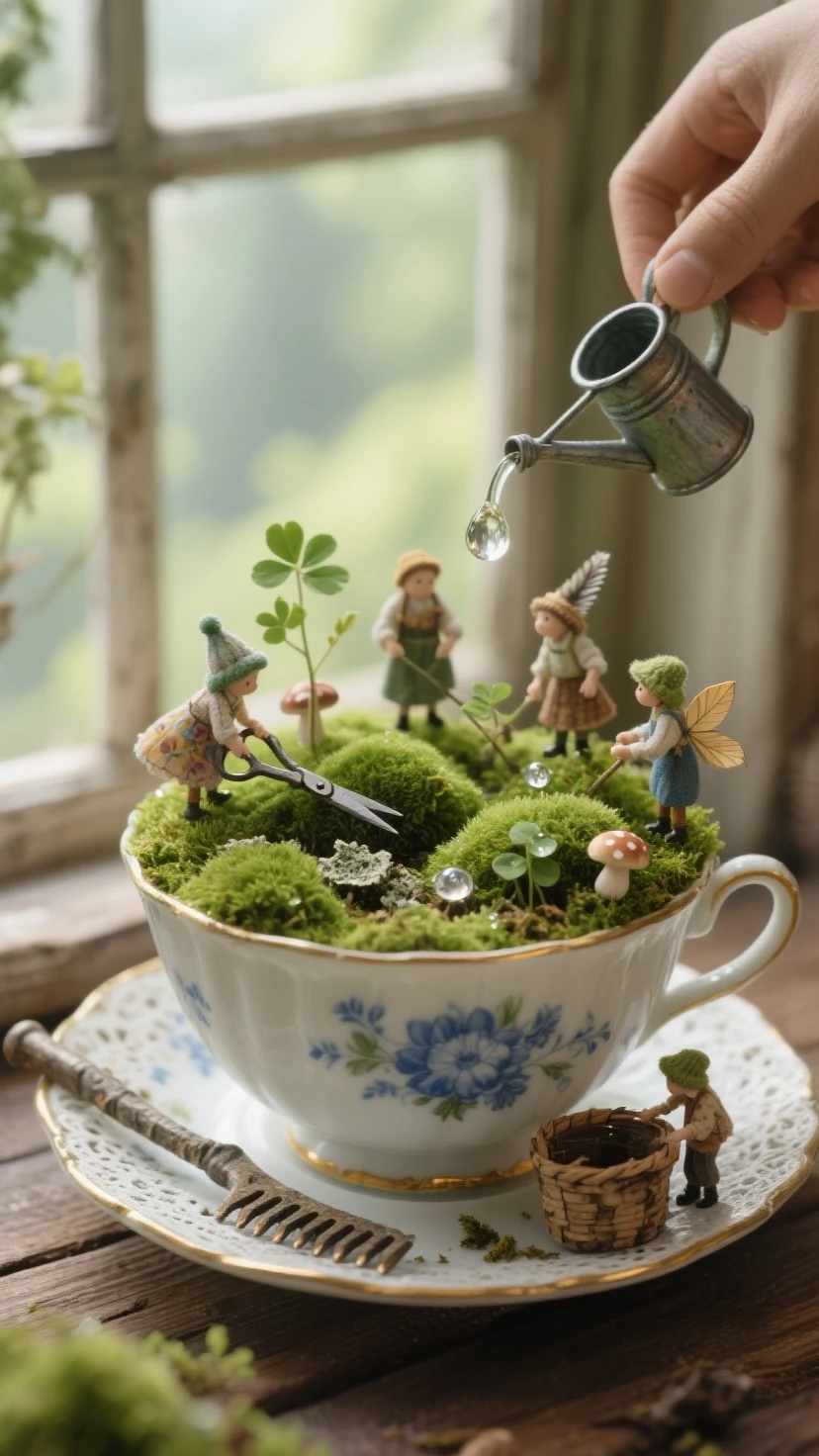 In a tranquil, hyper-detailed close-up scene, a group of tiny gardeners ...