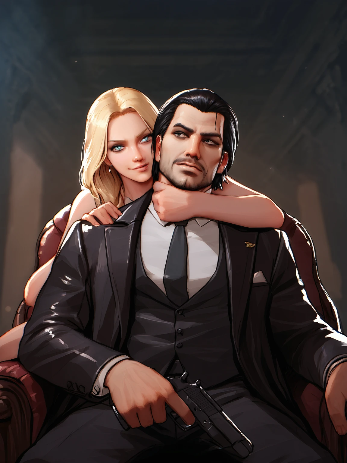 Episode-style cinematic fanart, a man with black hair and green eyes ...