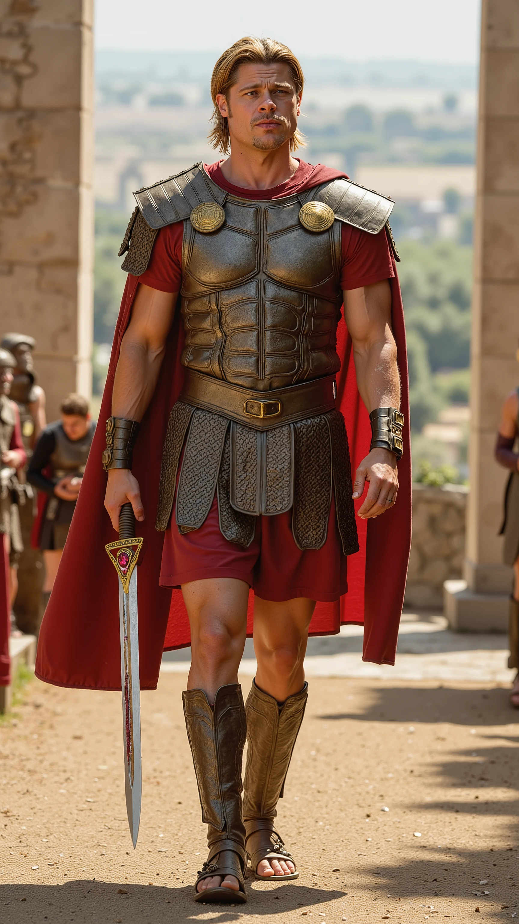 Brad Pitt reimagined as Gladiator walking and holding a double - SeaArt AI