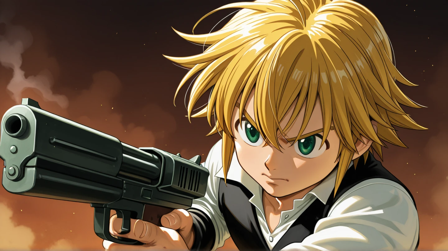 Make the character "MELIODAS" Black Fore Smoke Background Gun In Hand ...