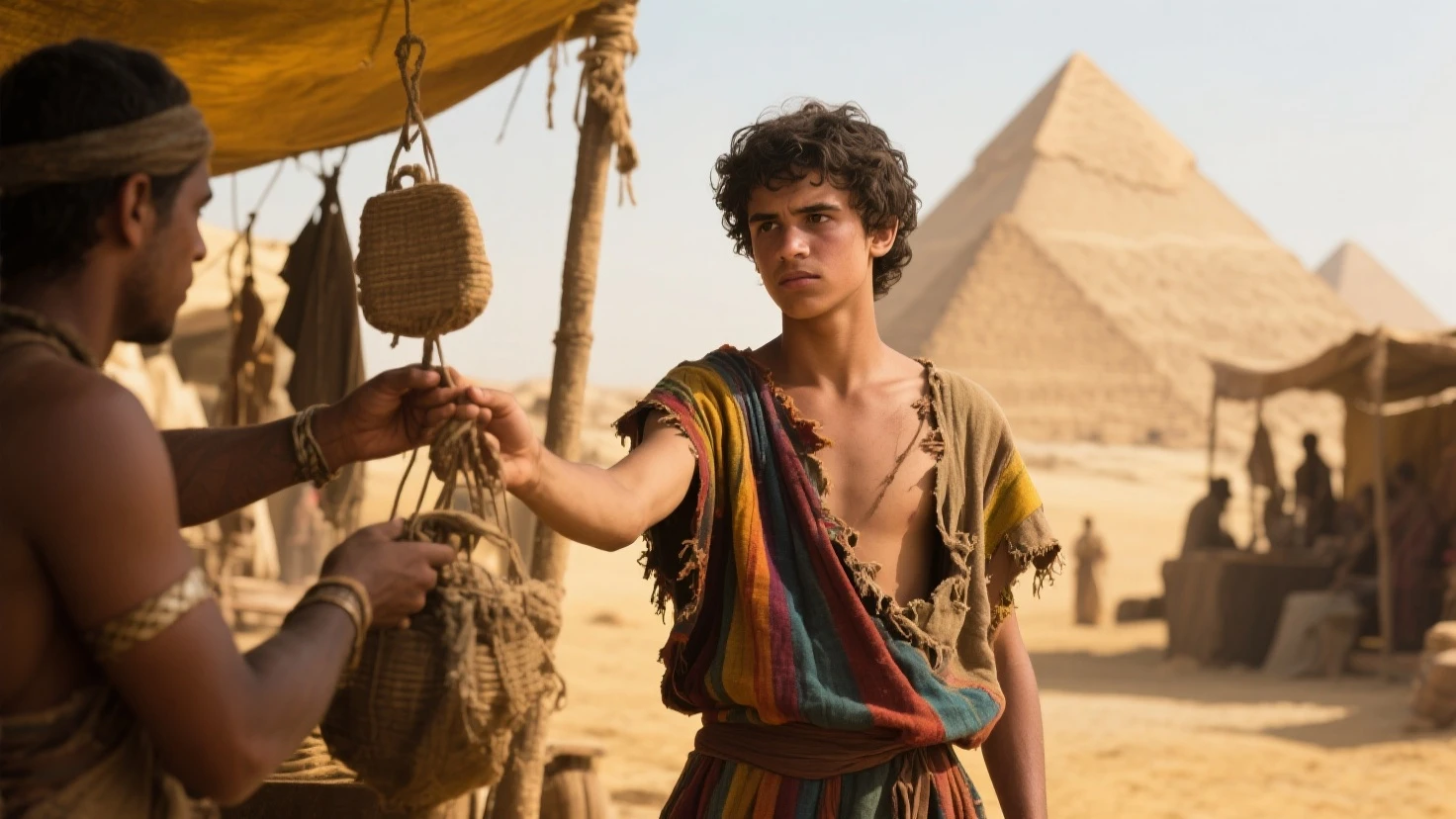 A young man in a torn colorful robe being sold in an Egyptian slave ...