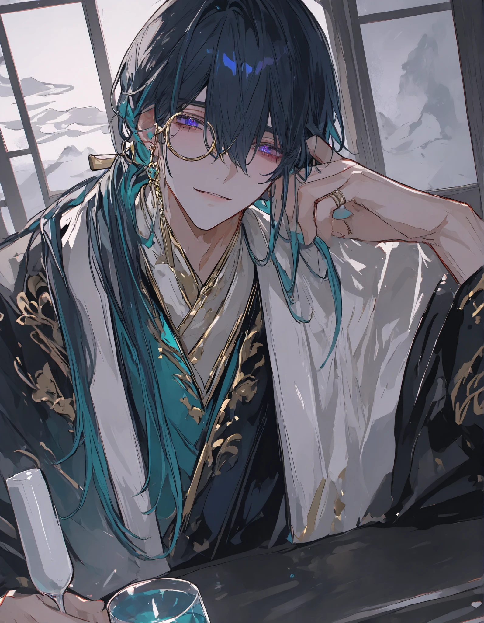 , 748cmstyle. 1boy, lanshan clothes, monocle glass