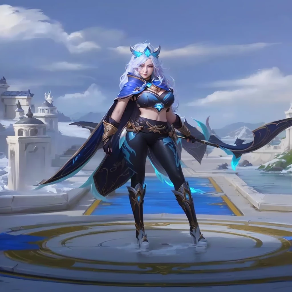 A woman in a black outfit standing on a circular platform, irelia ...