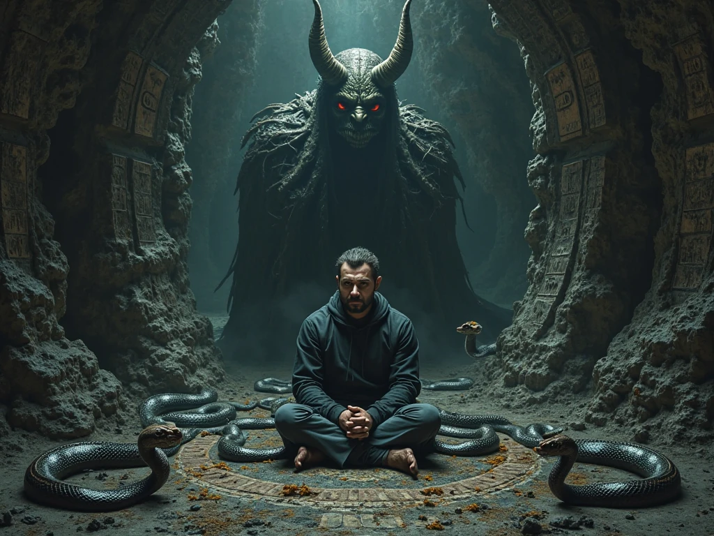 A man sitting on snakes making a pact with the devil inside a dark cave ...
