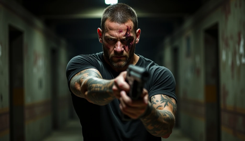 The main character is a muscular man standing in an old warehouse ...