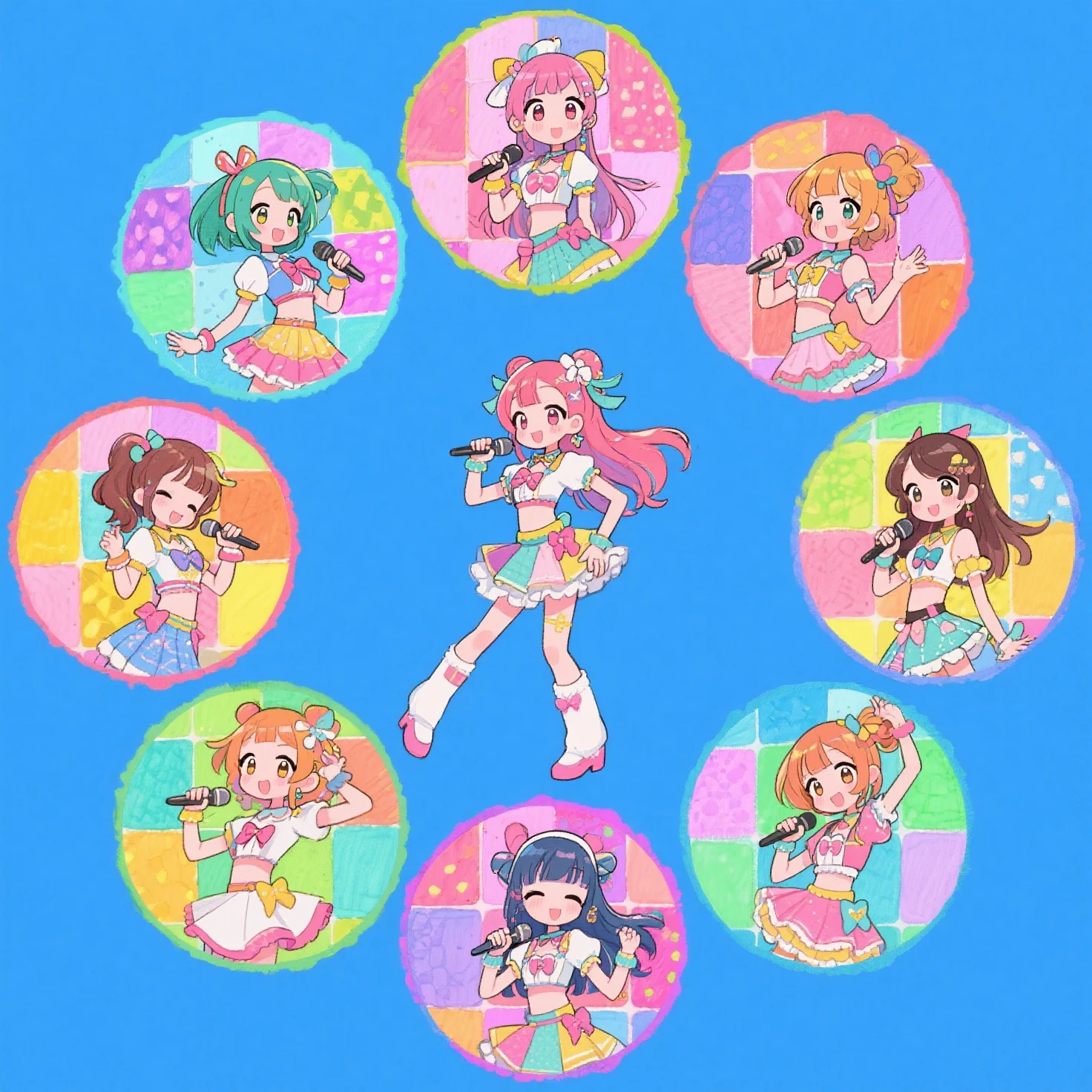 The cute members of a female idol group are depicted singing and ...